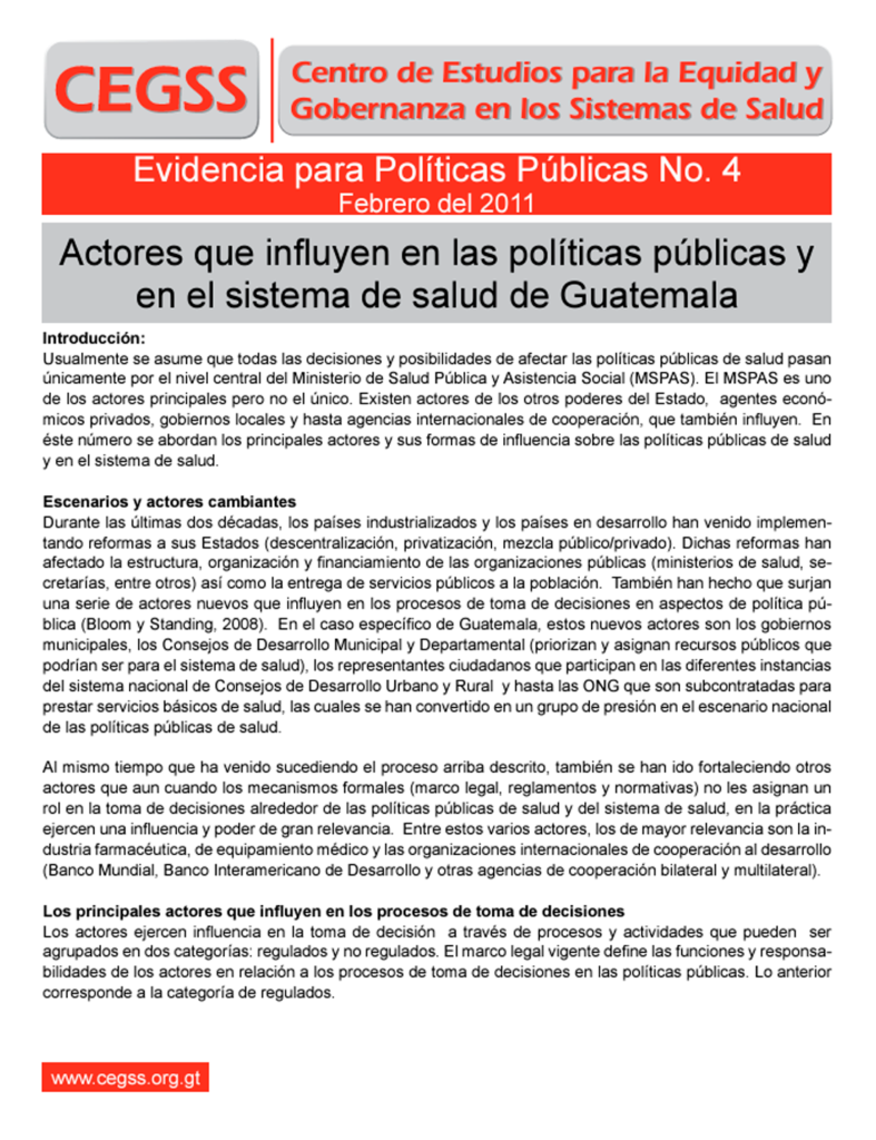 Resumen para políticas públicas del CEGSS Guatemala - CEGSS